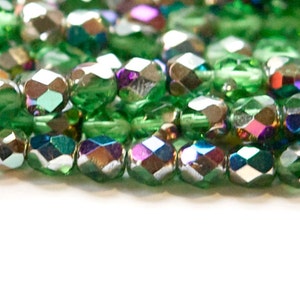 6mm Green With Vitrail Finish Czech Firepolish Faceted Glass Beads (30 ...