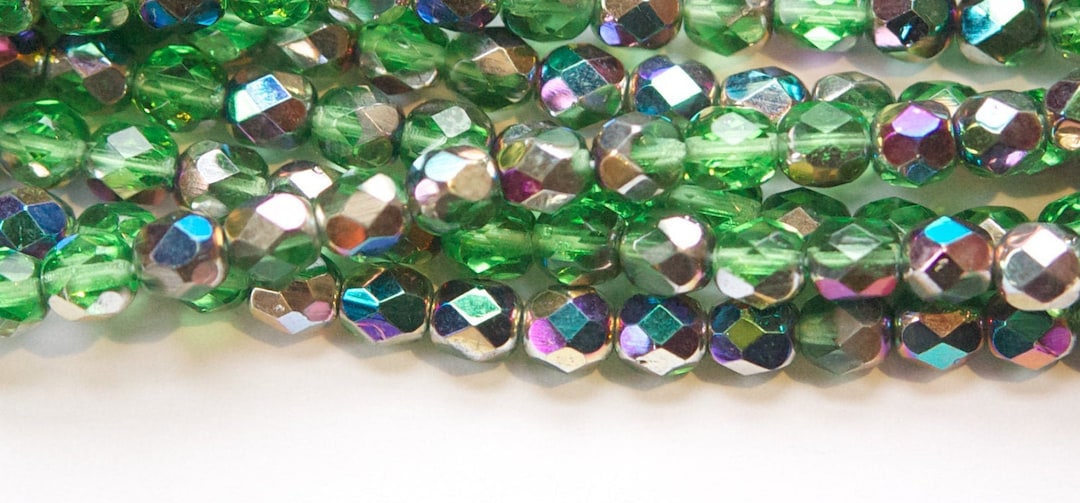 6mm Green With Vitrail Finish Czech Firepolish Faceted Glass Beads (30 ...