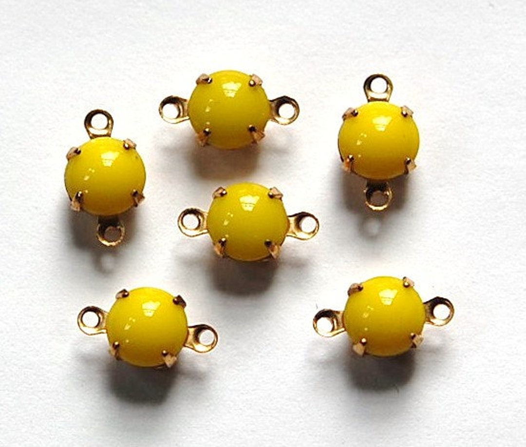 Vintage Opaque Yellow Glass Stone 2 Loop Brass Setting Drops Rnd001g2 ...