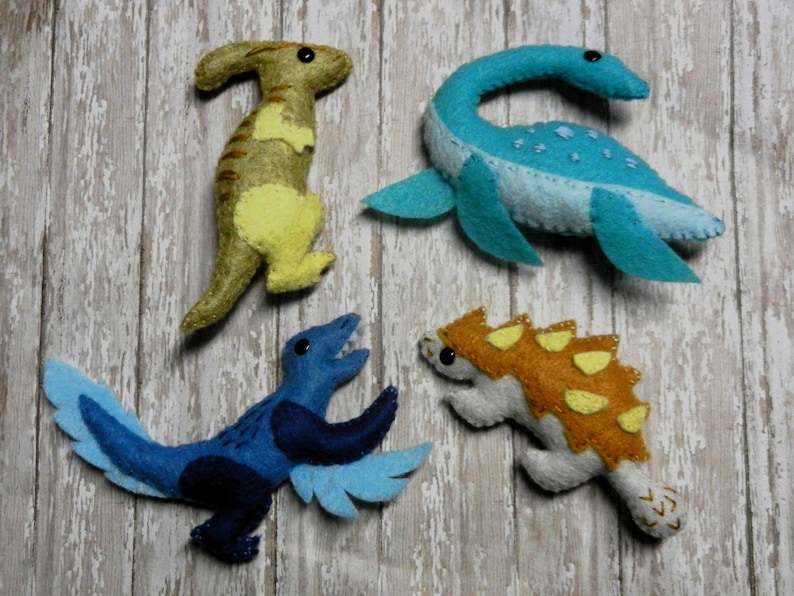 Felt Mini Dinosaur Set #2 Velociraptor Ankylosaurus Plesiosaurus ...