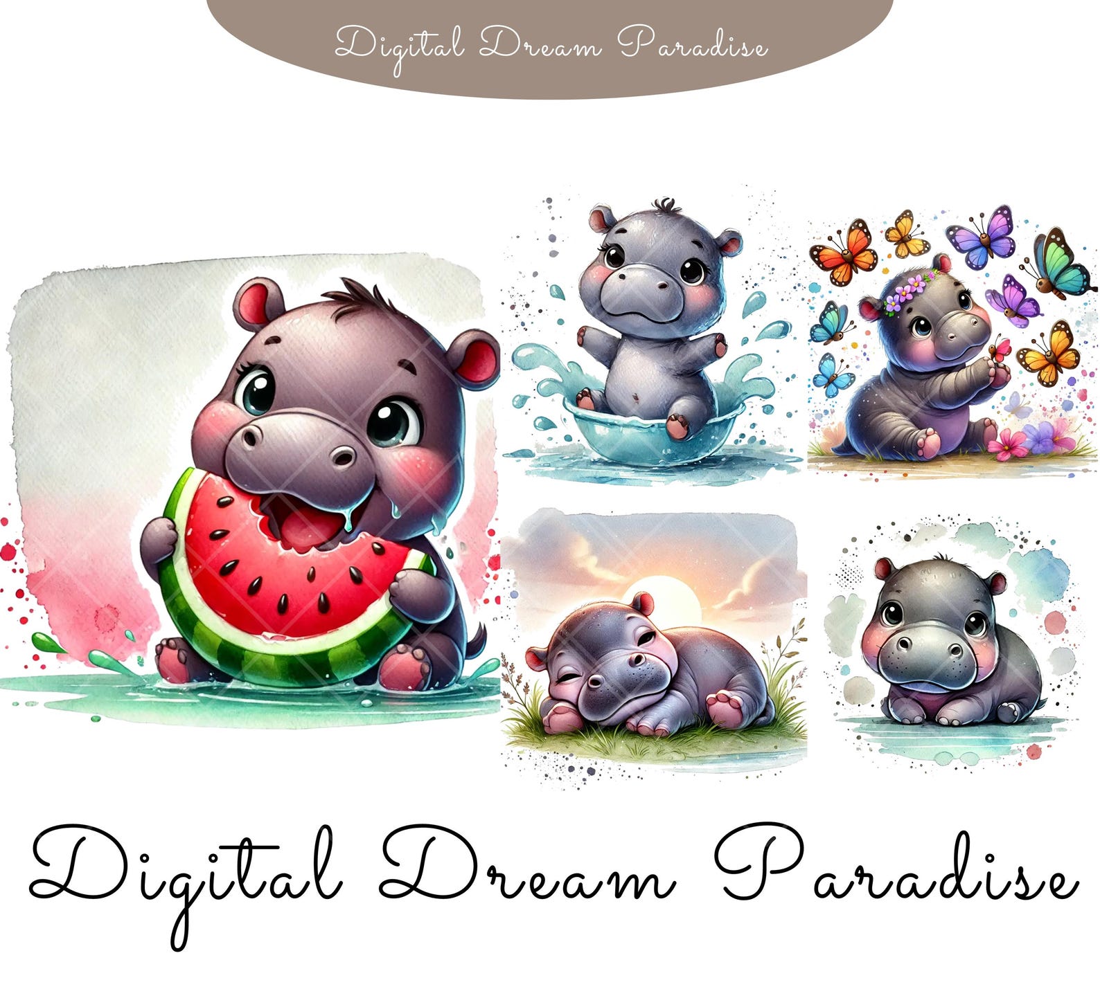 Baby Hippo Clipart Bundle With Transparent Backgrounds | 10 PNG ...