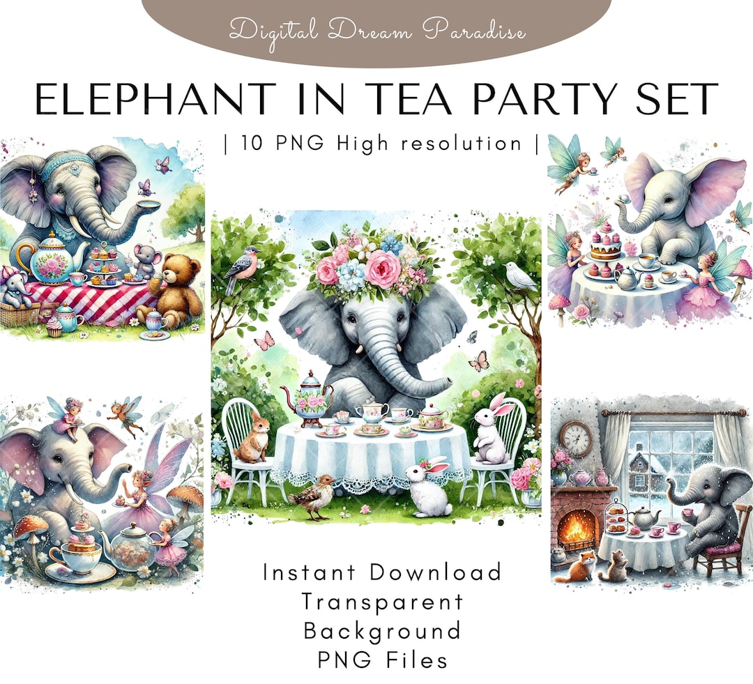 Elephant in Tea Party Clipart Bundle With Transparent Background |10 ...
