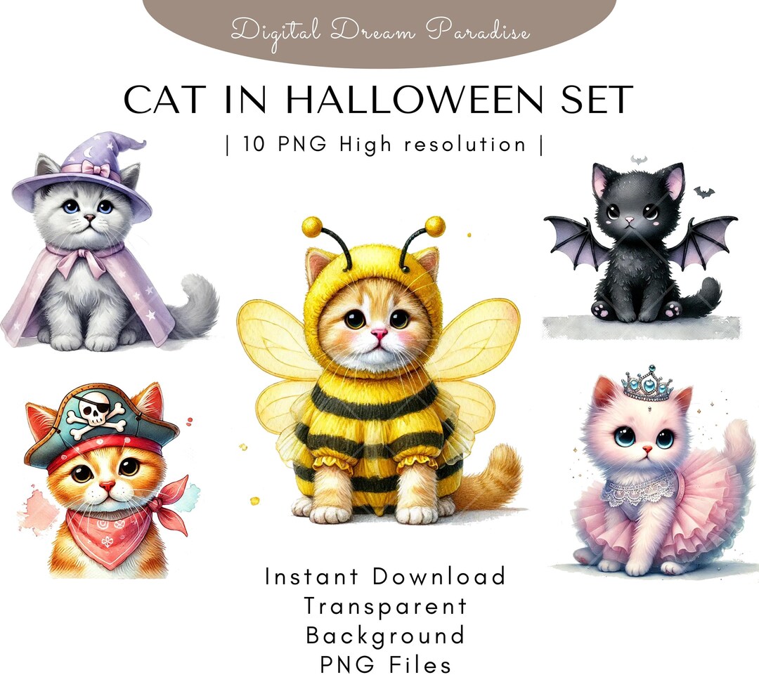 Cat in Halloween Clipart Bundle With Transparent Backgrounds | 10 High ...