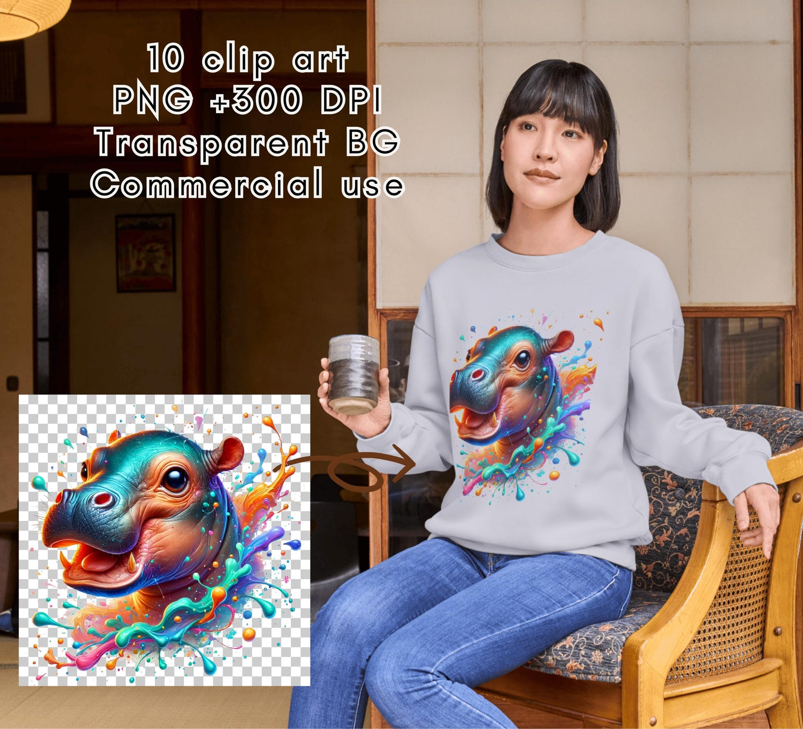 Color Splash Hippo Moo Deng Clipart Bundle With Transparent Backgrounds ...