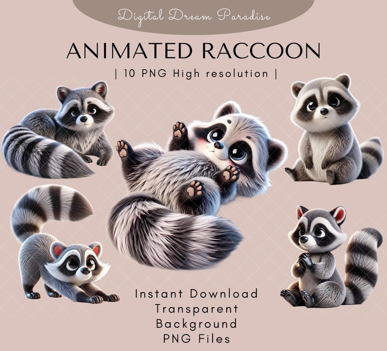 Animated Raccoon Clipart Bundle With Transparent Backgrounds | 10 High ...