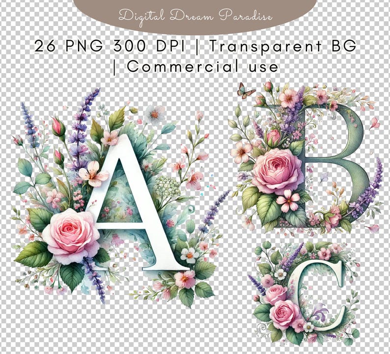 Floral Alphabet Clipart Bundle With Transparent Backgrounds | 26 High ...