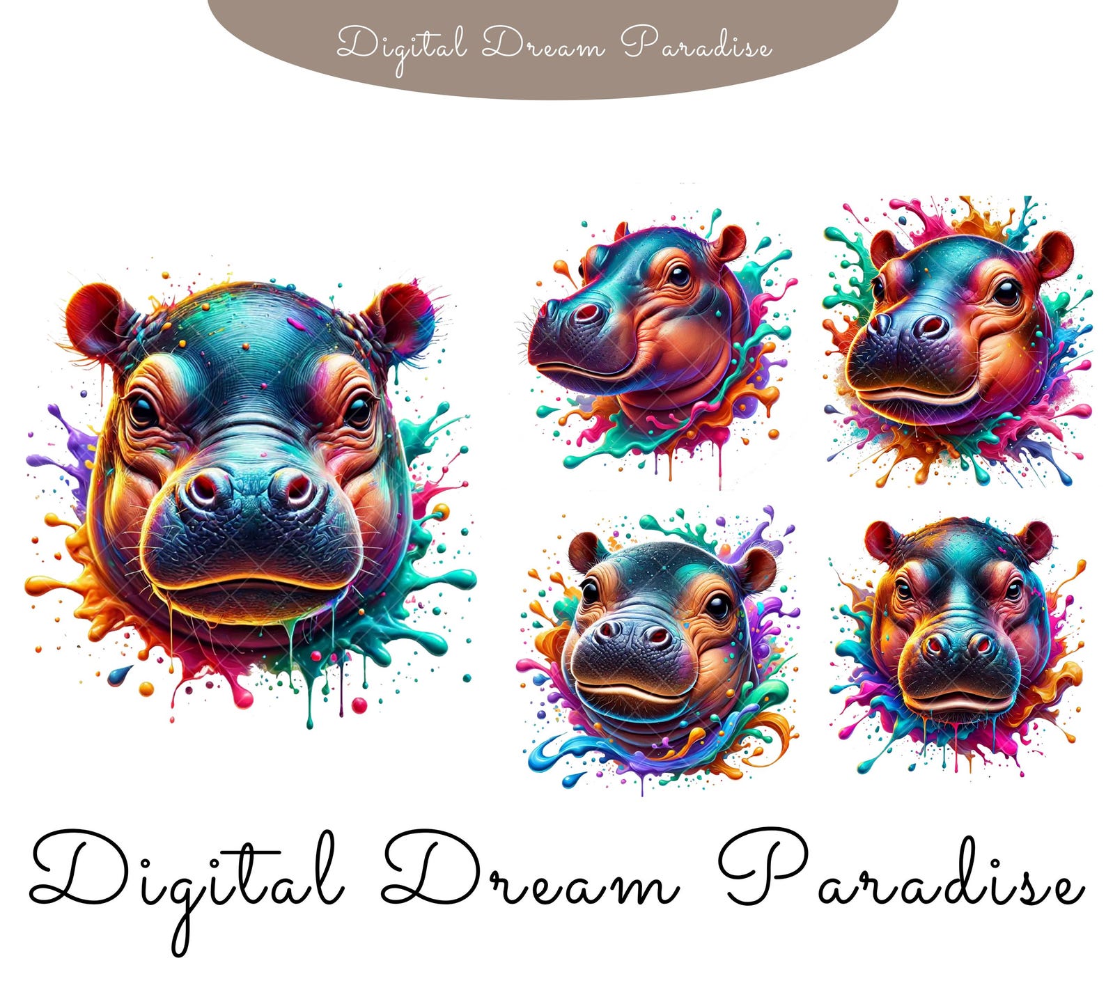 Color Splash Hippo Moo Deng Clipart Bundle With Transparent Backgrounds ...