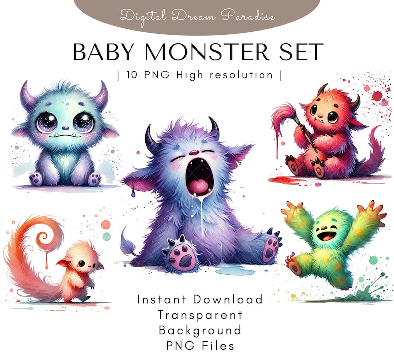 Baby Monster Clipart Bundle With Transparent Backgrounds | 10 High ...