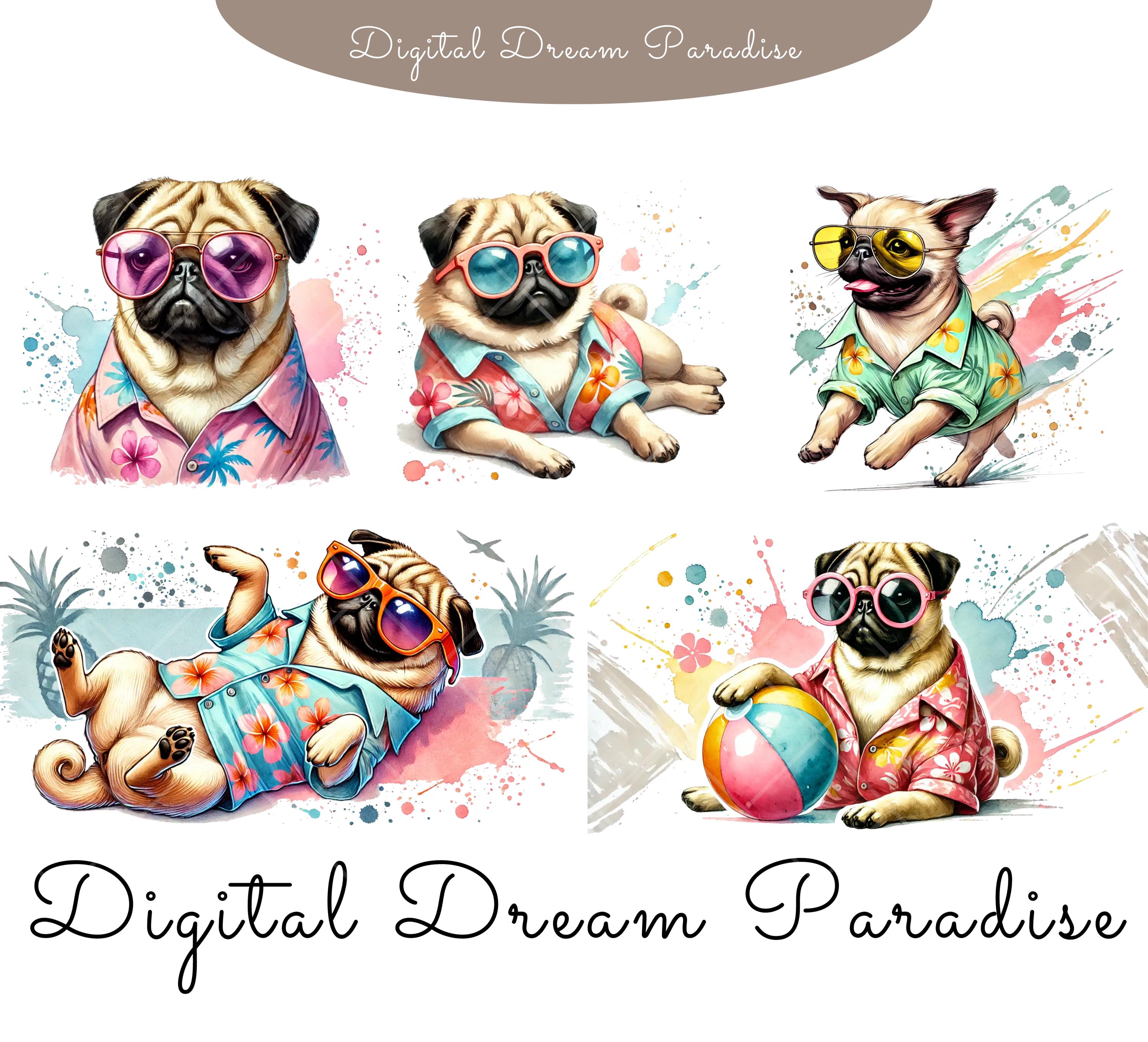 Pug in Hawaii Clipart Bundle With Transparent Backgrounds | 10 High ...