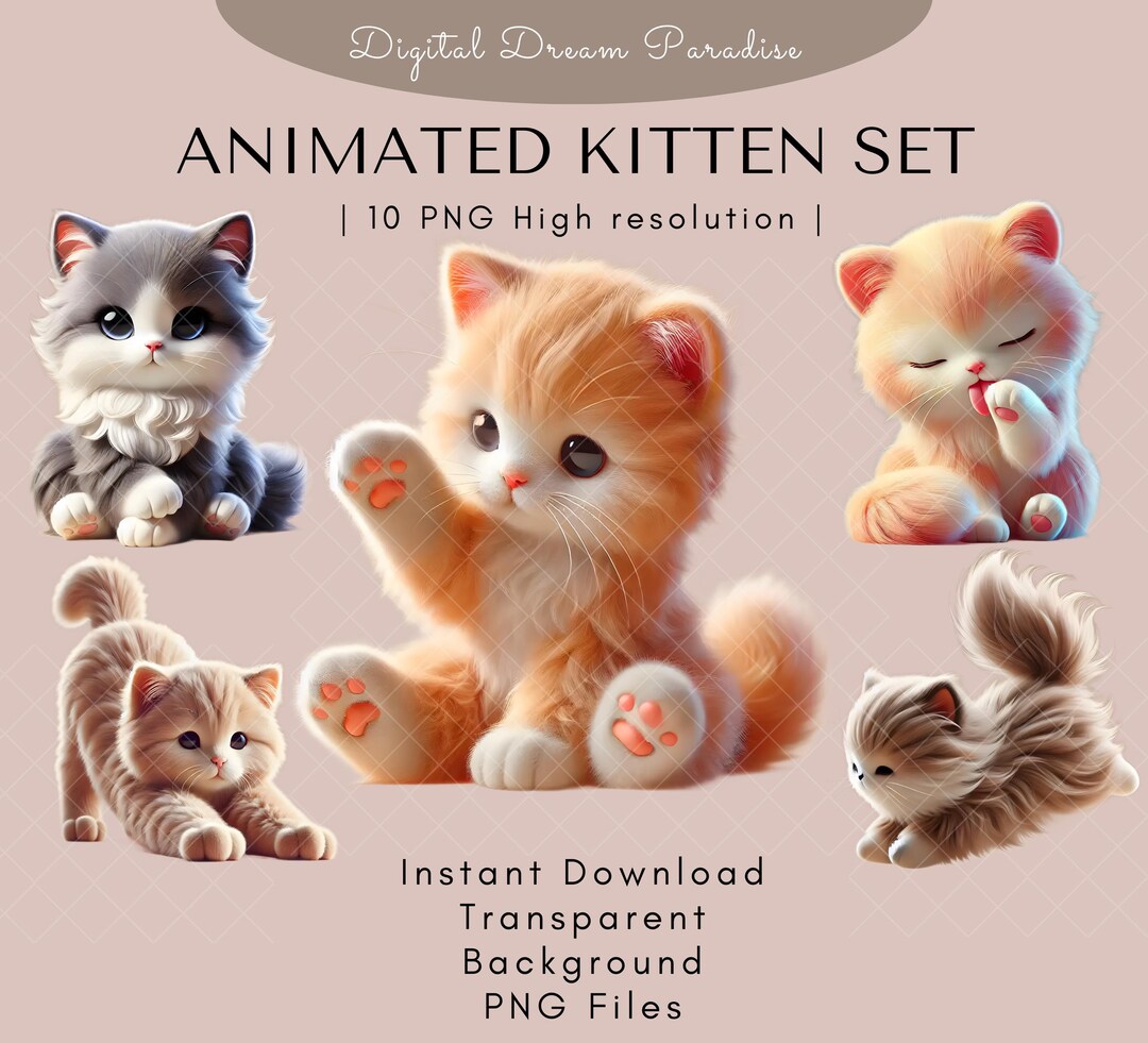 Animated Kitten Clipart Bundle With Transparent Backgrounds | 10 High ...