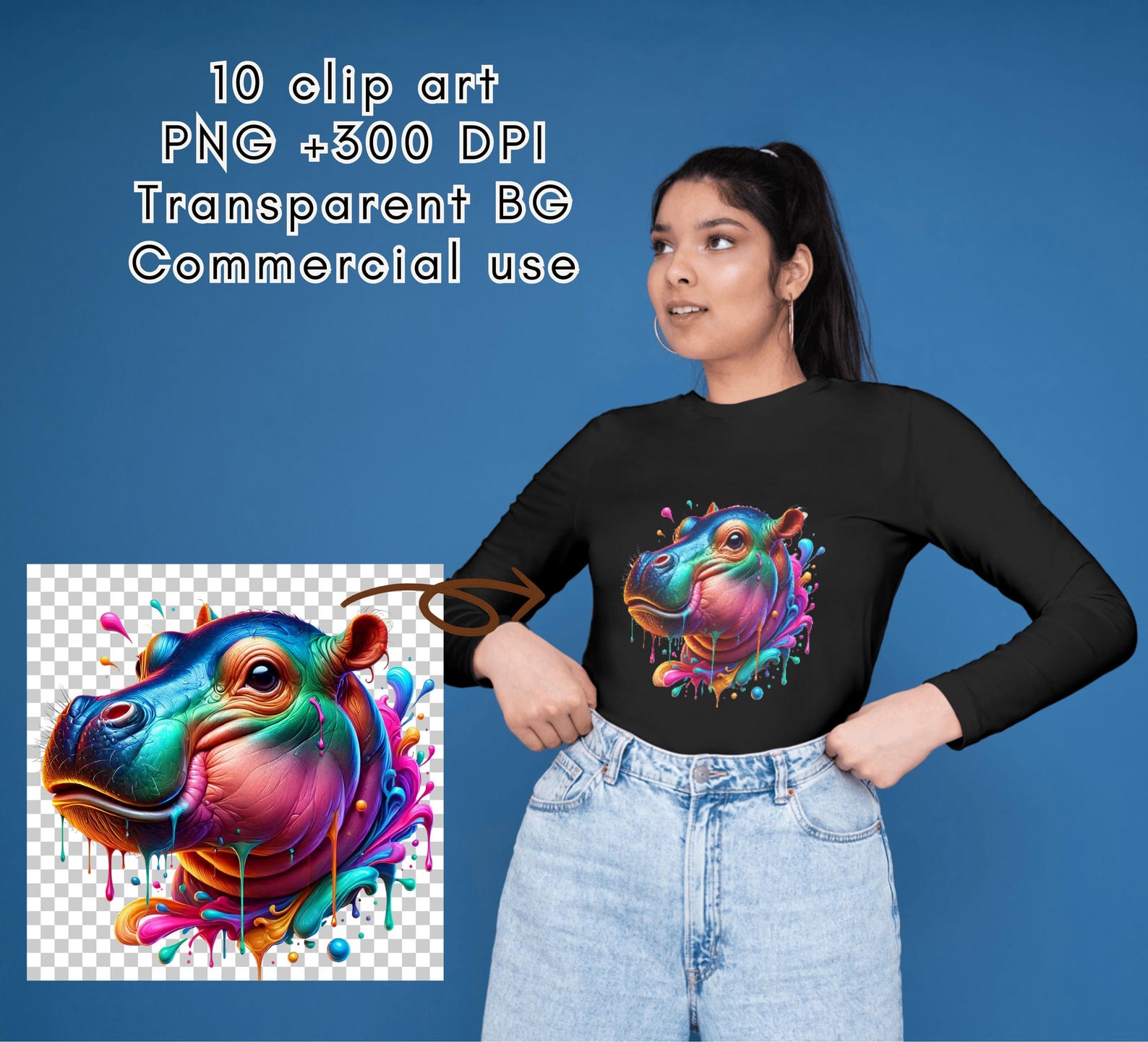 Color Splash Hippo Moo Deng Clipart Bundle With Transparent Backgrounds ...