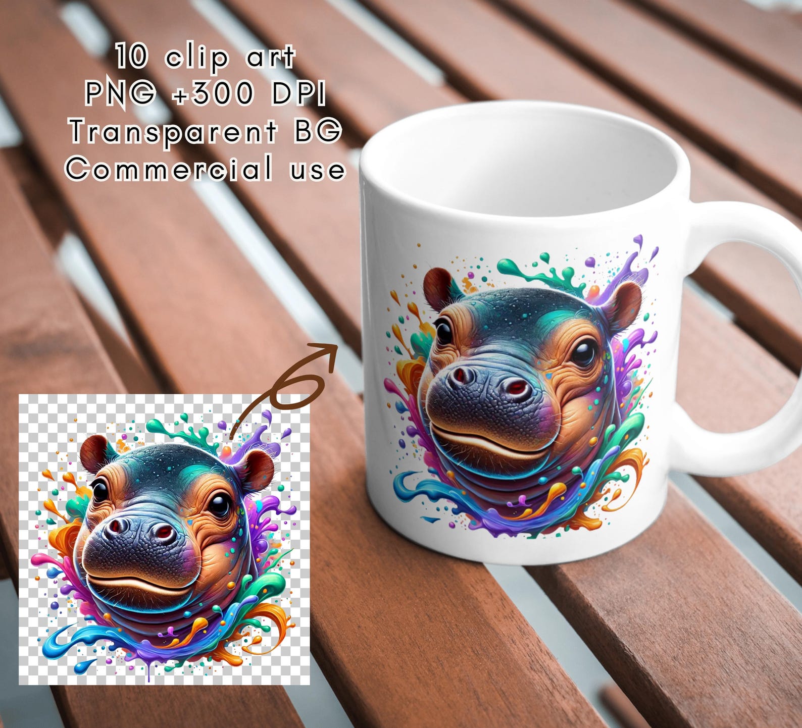 Color Splash Hippo Moo Deng Clipart Bundle With Transparent Backgrounds ...