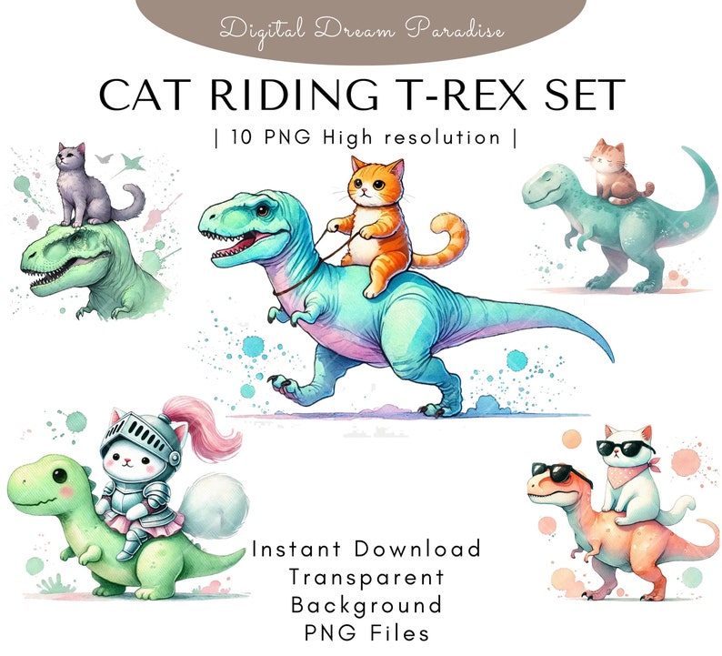 Cat Riding T-rex Clipart Bundle With Transparent Backgrounds | 10 High ...