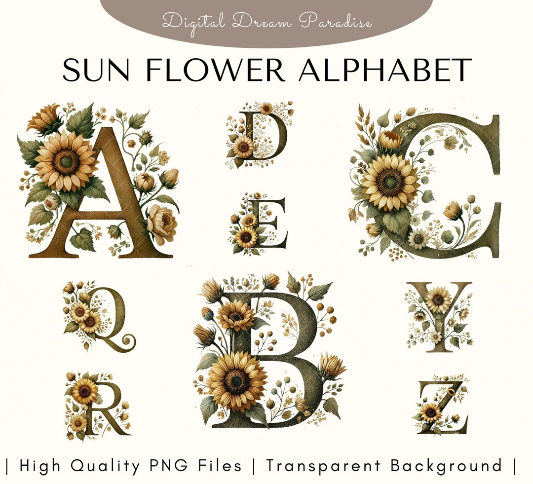 Sun Flower Alphabet Clipart Bundle With Transparent Backgrounds | 26 ...