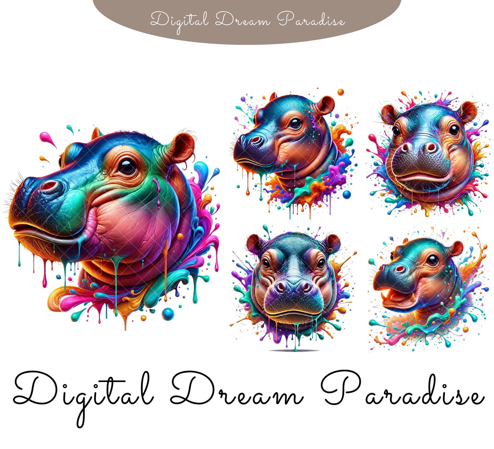 Color Splash Hippo Moo Deng Clipart Bundle With Transparent Backgrounds ...