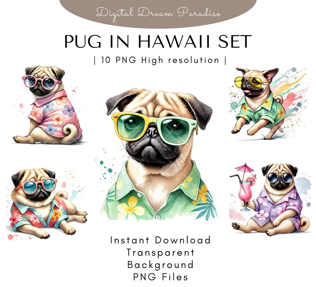 Pug in Hawaii Clipart Bundle With Transparent Backgrounds | 10 High ...