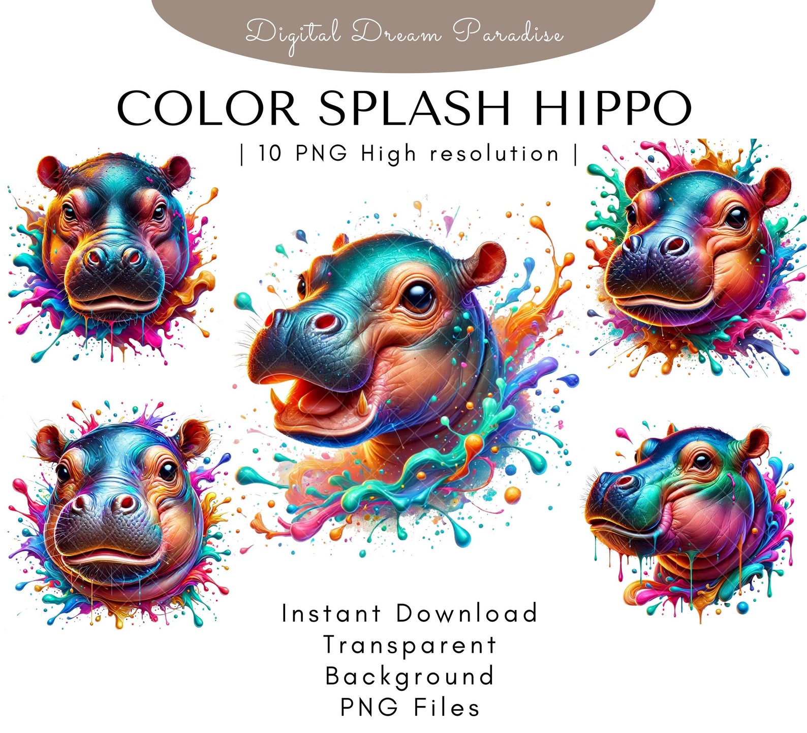 Color Splash Hippo Moo Deng Clipart Bundle With Transparent Backgrounds ...
