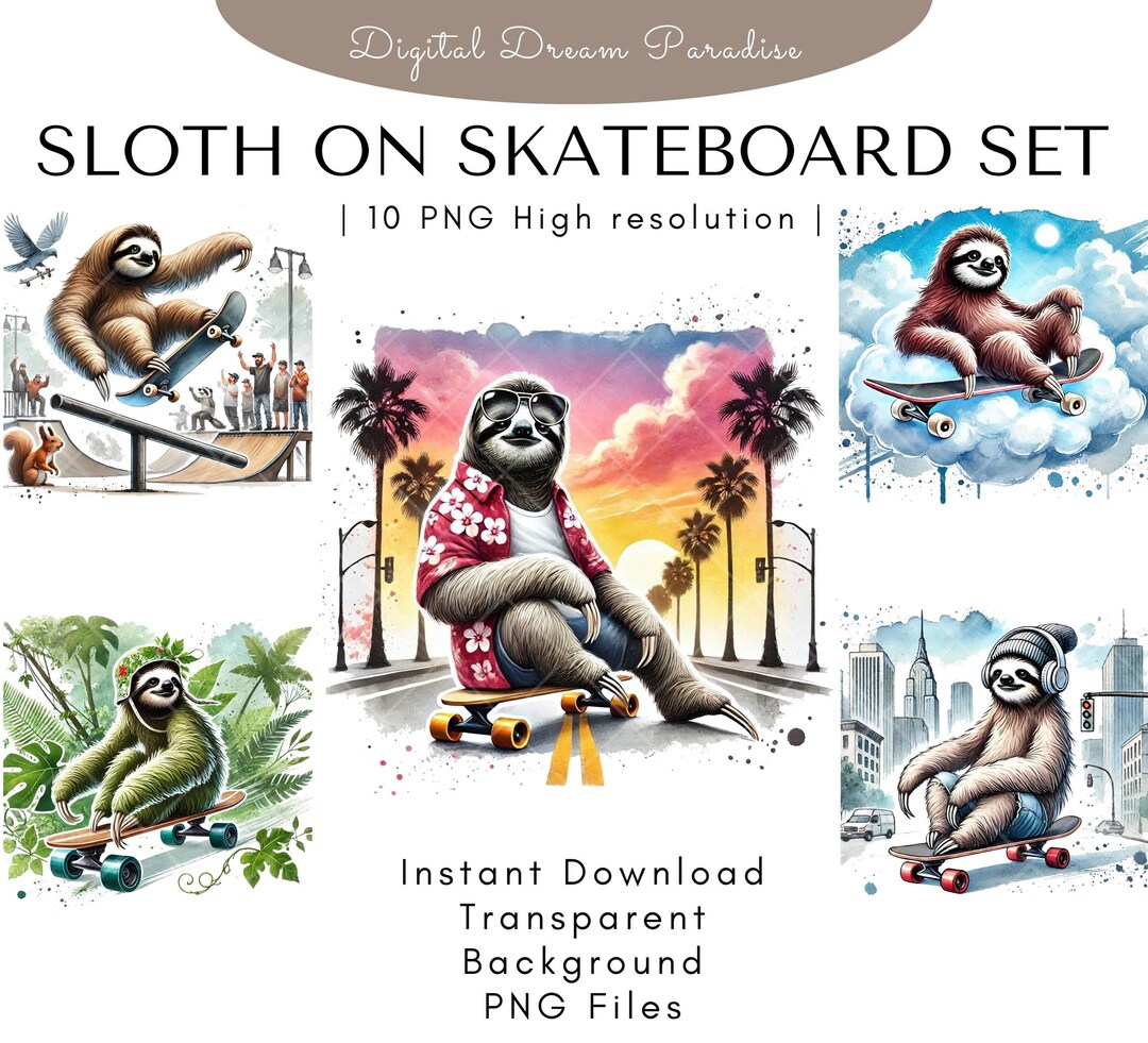 Sloth on Skateboard Clipart Bundle With Transparent Background | 10 ...