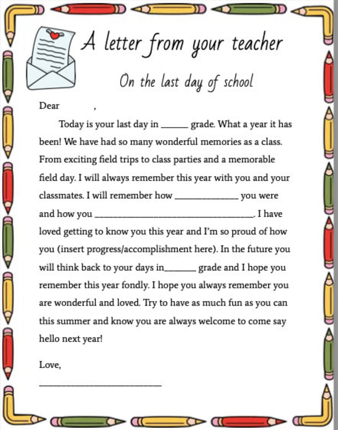 A Letter From Your Teacher on the Last Day of School - Etsy