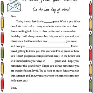 A Letter From Your Teacher on the Last Day of School - Etsy