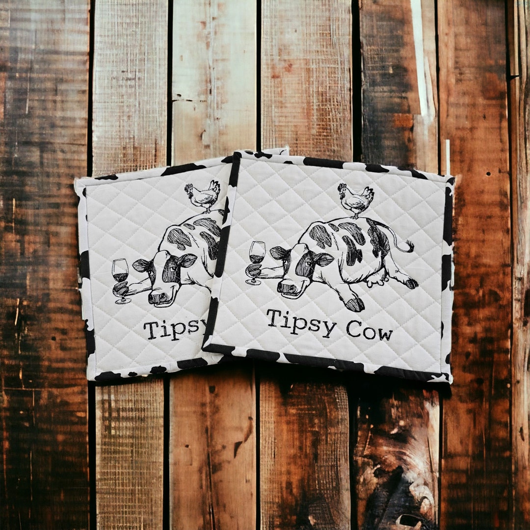Set of Two Tipsy Cow Embroidered Hot Pad Set - Etsy