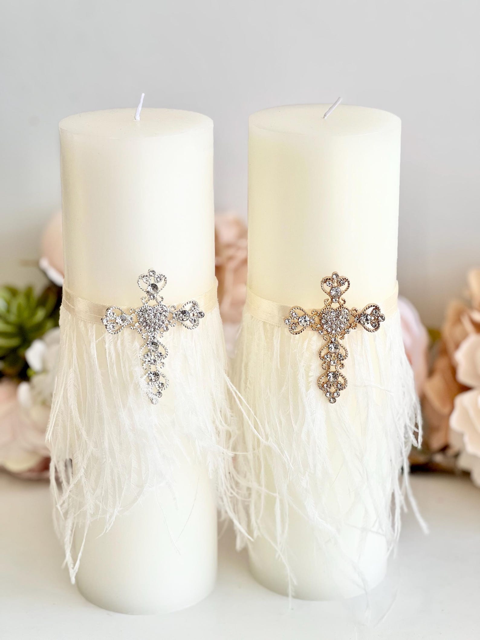 Cross Baptism Candle, Custom Christening Candle With Feather, Crystal ...