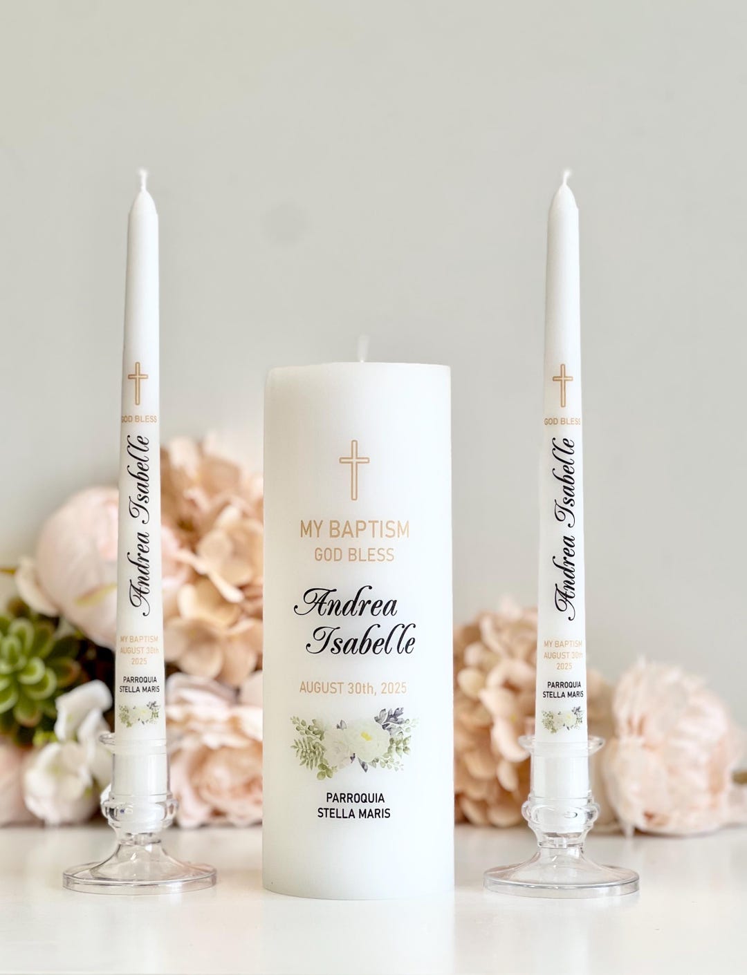 Personalized Baptism Candle, Custom Christening Candle, Floral Baptism ...