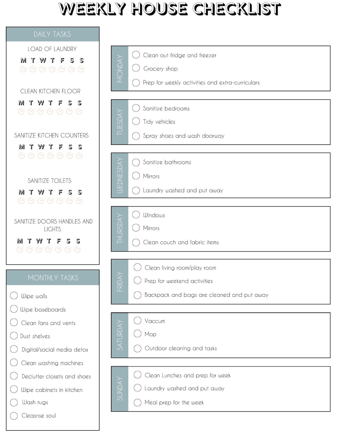 Tasks Checklist House and Cleaning Checklist Digital and Printable ...