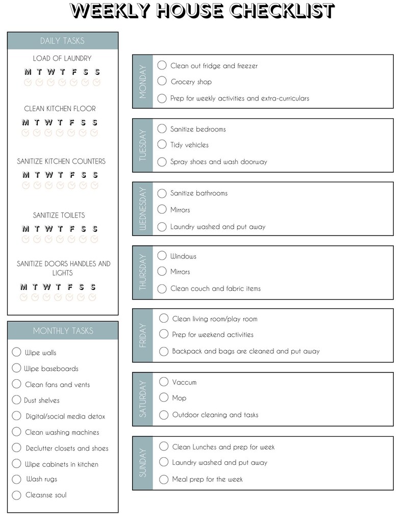 Tasks Checklist House and Cleaning Checklist Digital and Printable ...