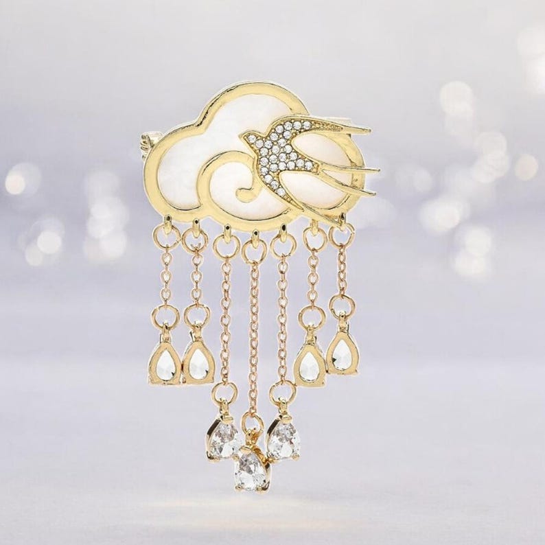 Gold Cloud & Dove Brooch With Crystal Rain Drop Charms – Elegant ...