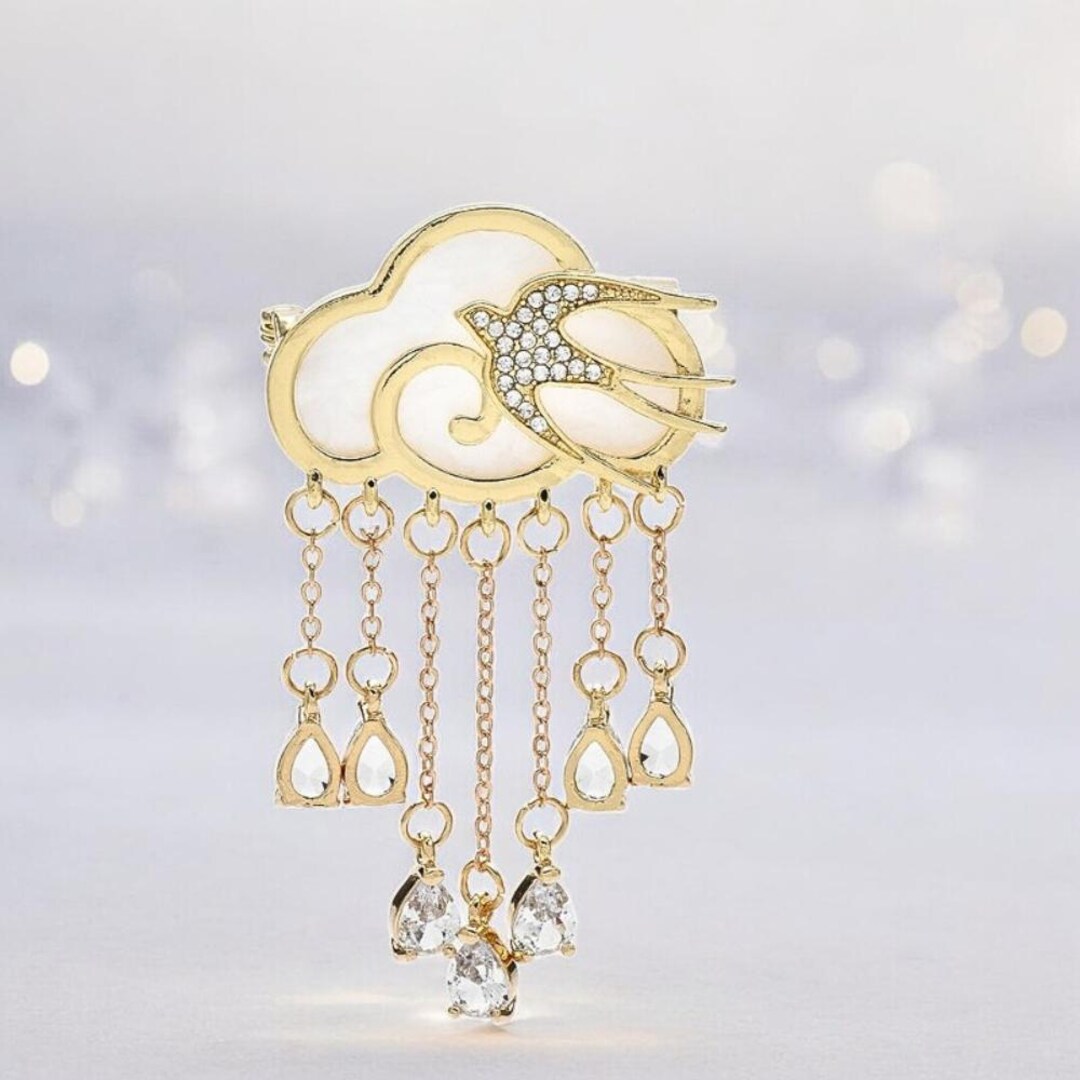 Gold Cloud & Dove Brooch With Crystal Rain Drop Charms – Elegant ...