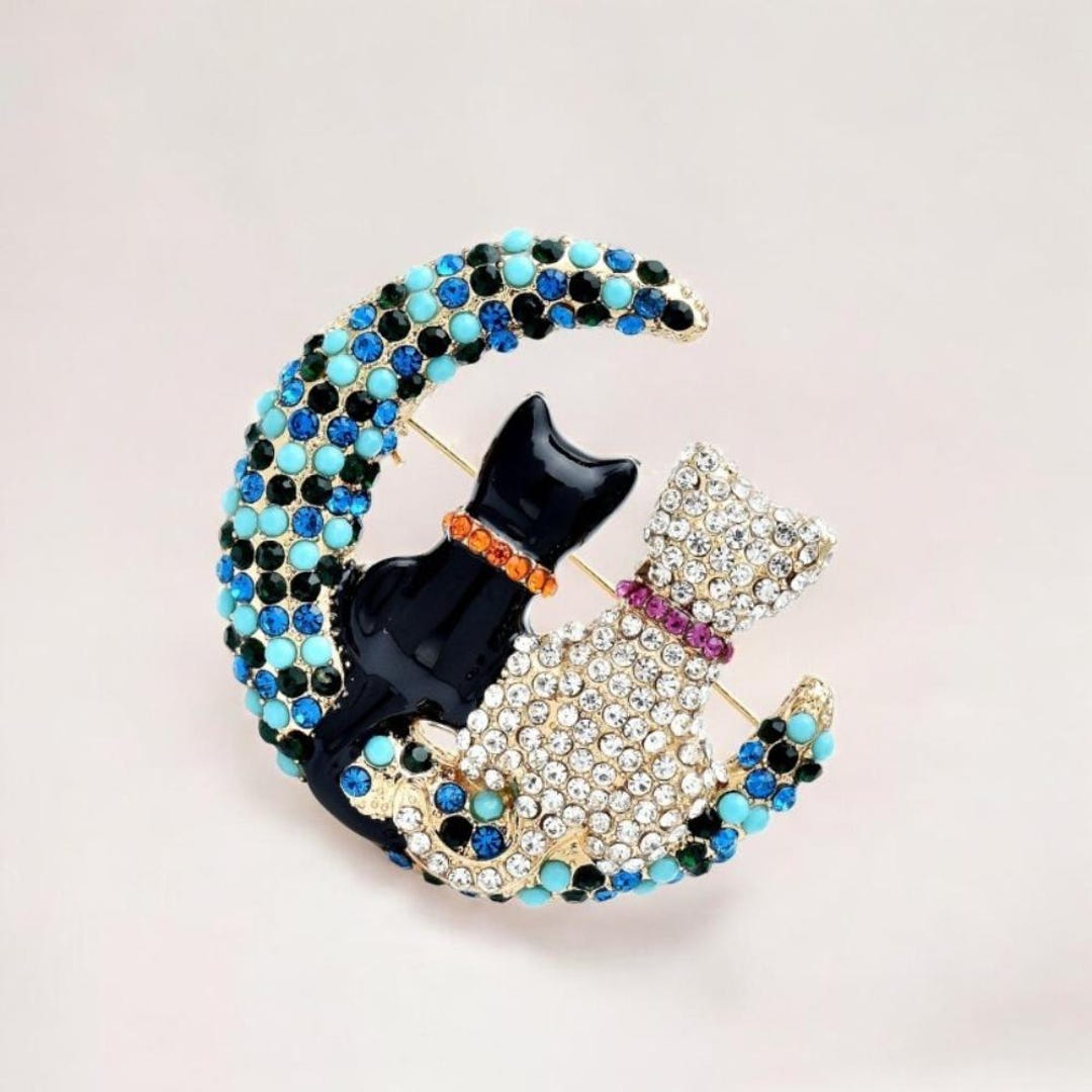 Cute Cats on Crescent Moon Brooch | Cats Pin | Unique Brooch | Enamel ...