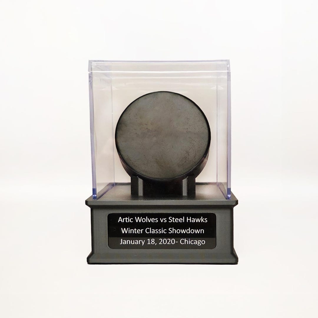 Hockey Puck Display Stand With Acrylic Box – Custom Engraved Tag – 3D ...