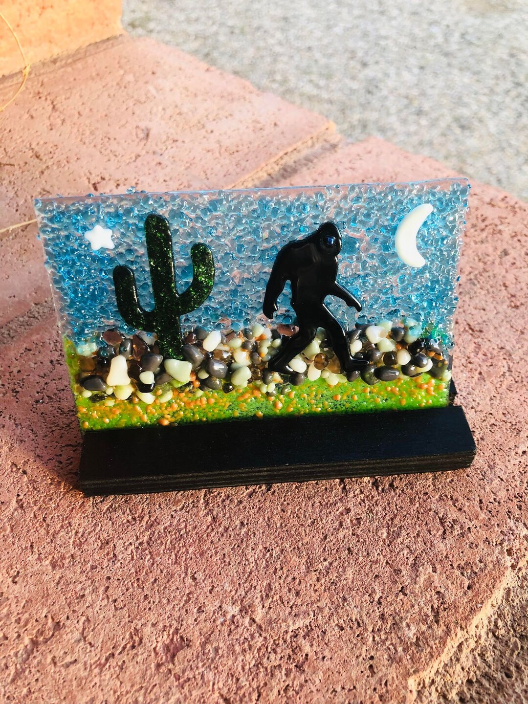 Bigfoot Suncatcher-display Stand-sonoran Desert Cactus-fused Glass Art ...