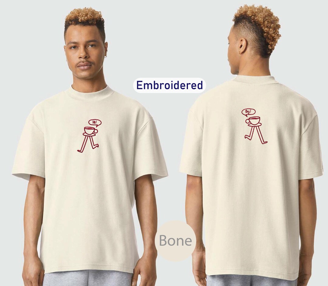 American Apparel Mockneck T-shirt - Embroidered "hi! Bye!" Stick Figure ...