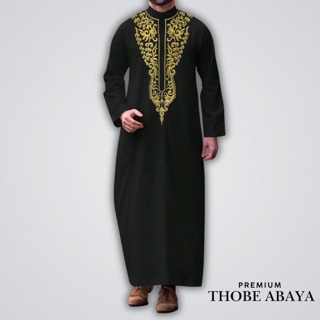 Black Islamic Thobe for Men – Embroidered Arabic Jubbah Robe - Etsy