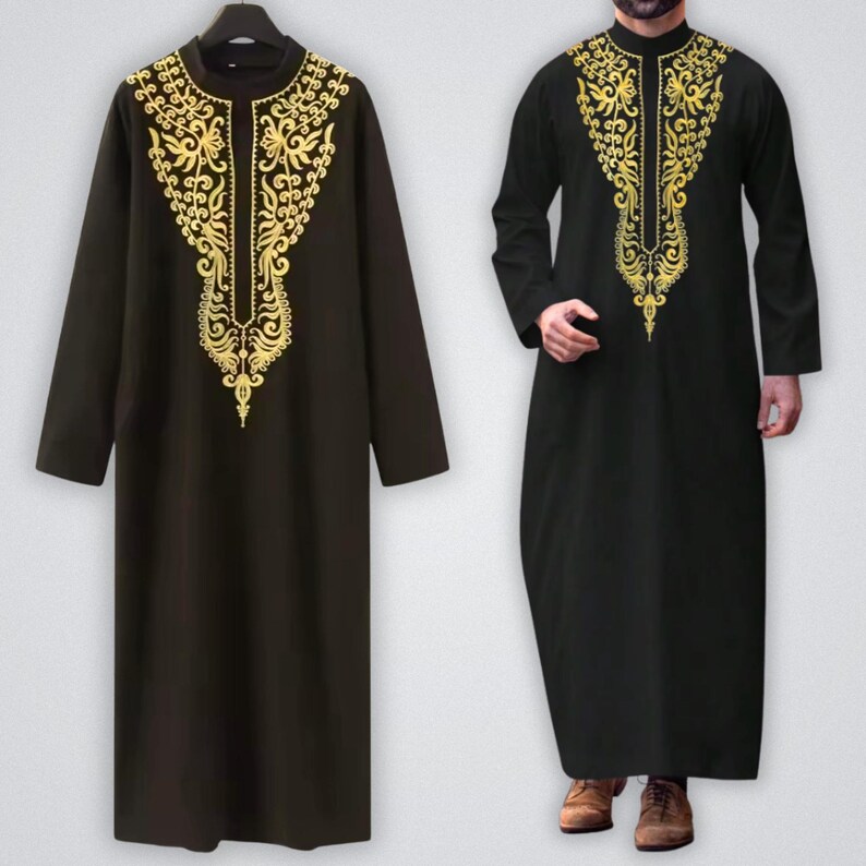 Black Islamic Thobe for Men – Embroidered Arabic Jubbah Robe - Etsy
