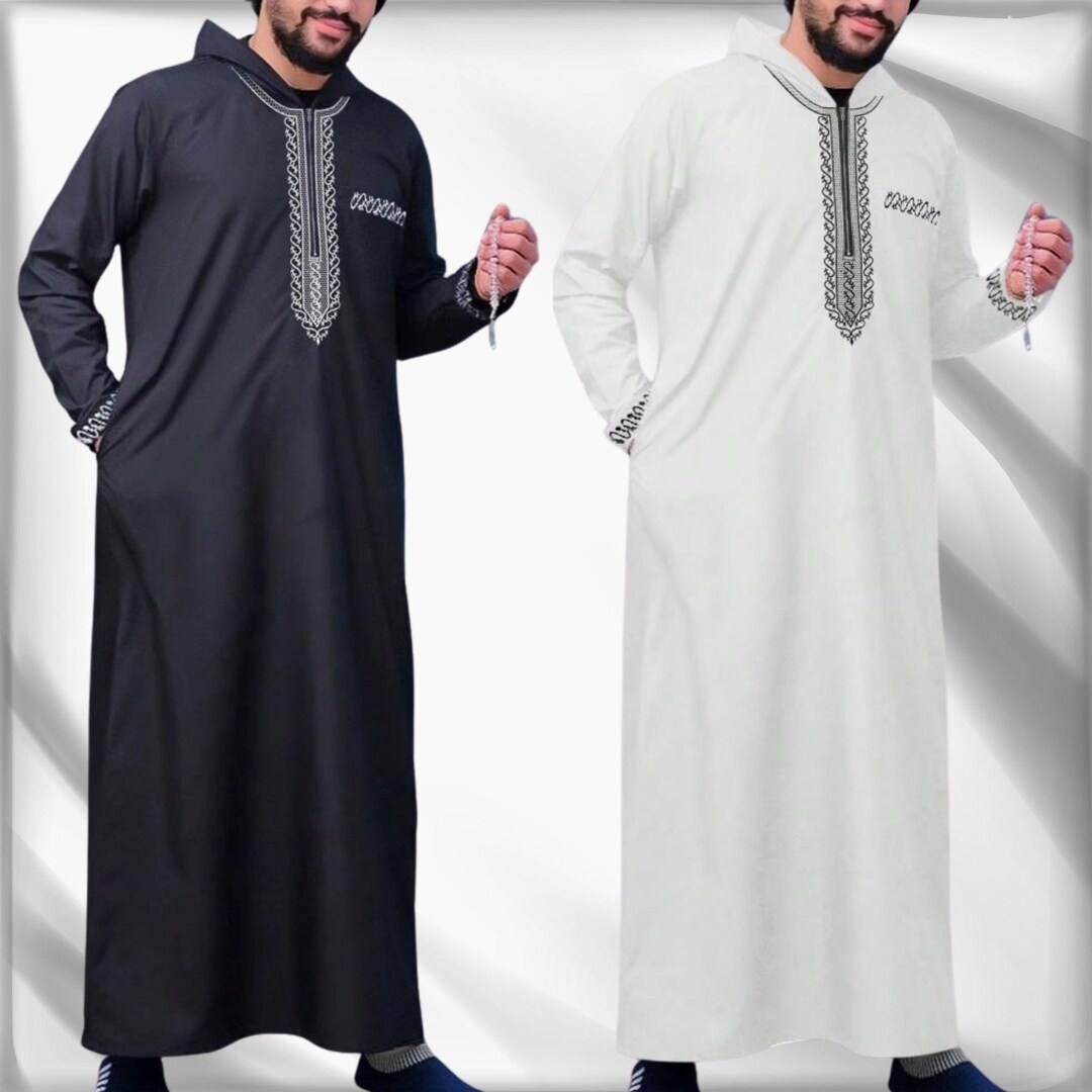 Luxury Islamic Thobe for Men – Embroidered Galabiya – White & Black ...
