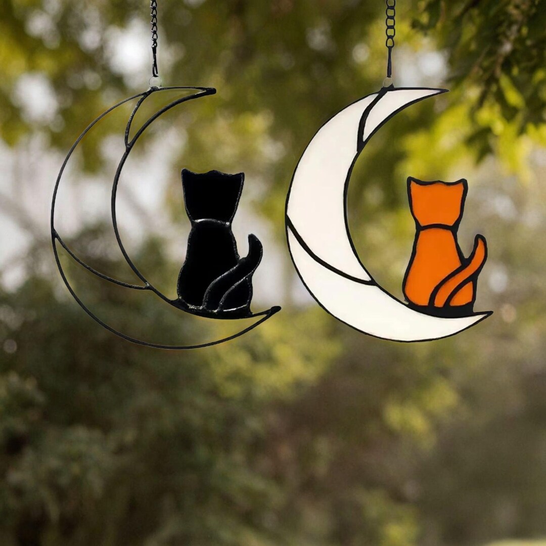 Stained Glass Cat Garden Ornament Cat Hanging on Moon Window Hangings ...