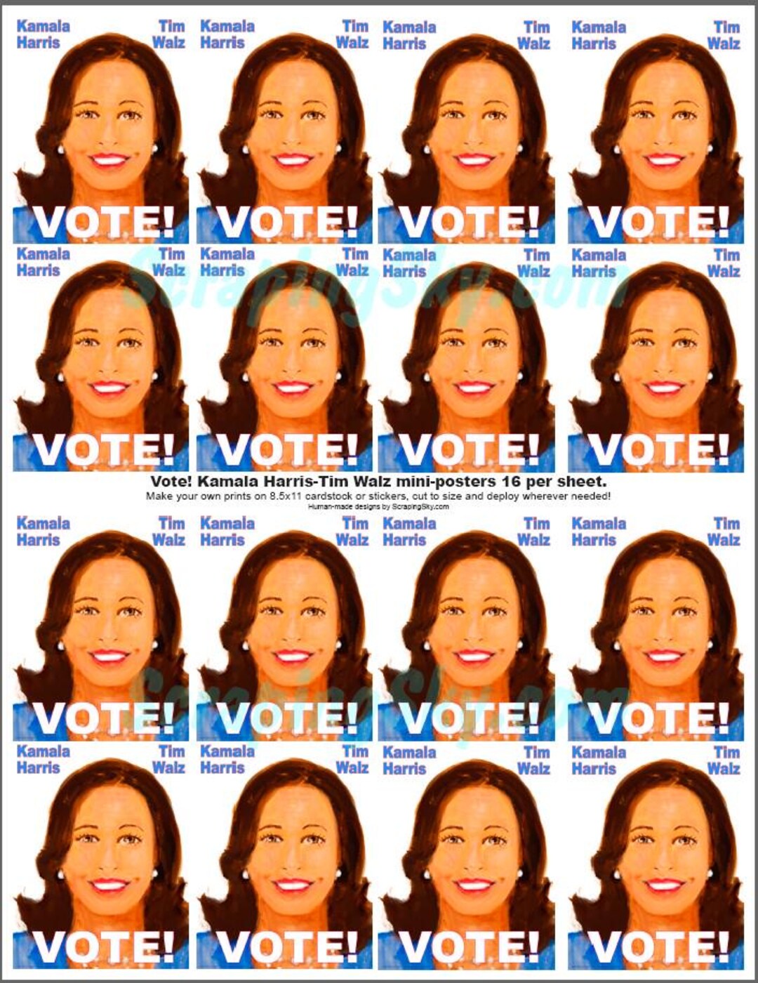 Printable Download vote Kamala Harris Tim Walz Arty Micro-poster 16 per ...