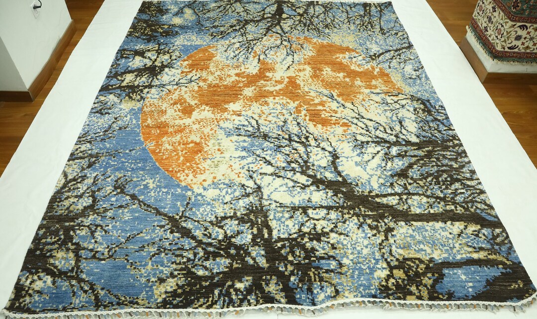 8x10 Modern Chobi Area Rug - Light Blue Afghan Handmade Sun Design Silk ...