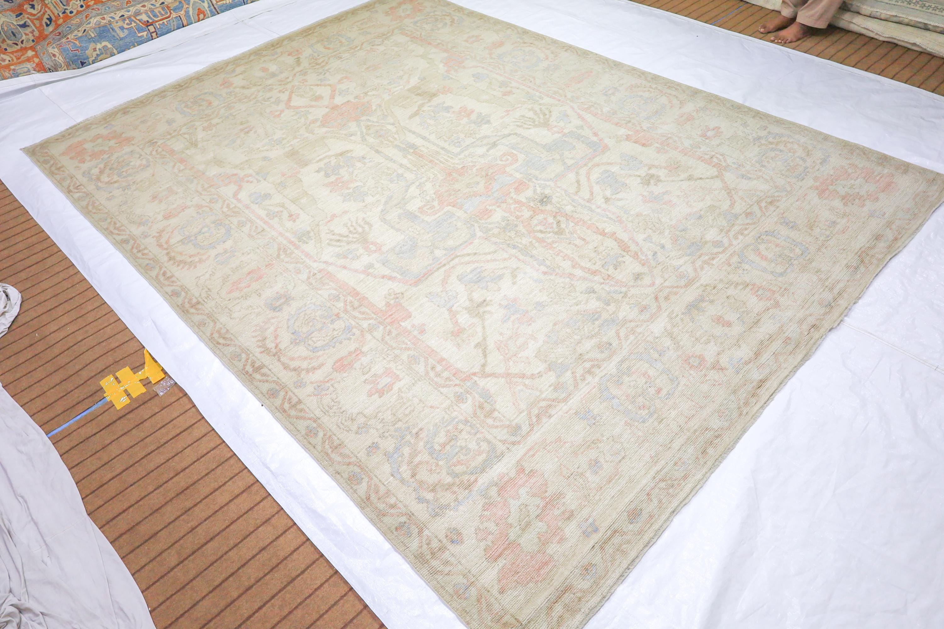 9x12 Ft Oushak Area Rug, Muted Beige Turkish Hand Knotted Floral Soft ...
