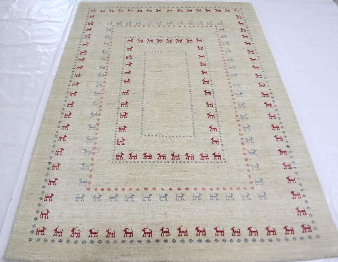 Gabbeh 5x7 Area Rug Beige Wool Rug Tribal Rug Handmade Rug Animal Rug ...