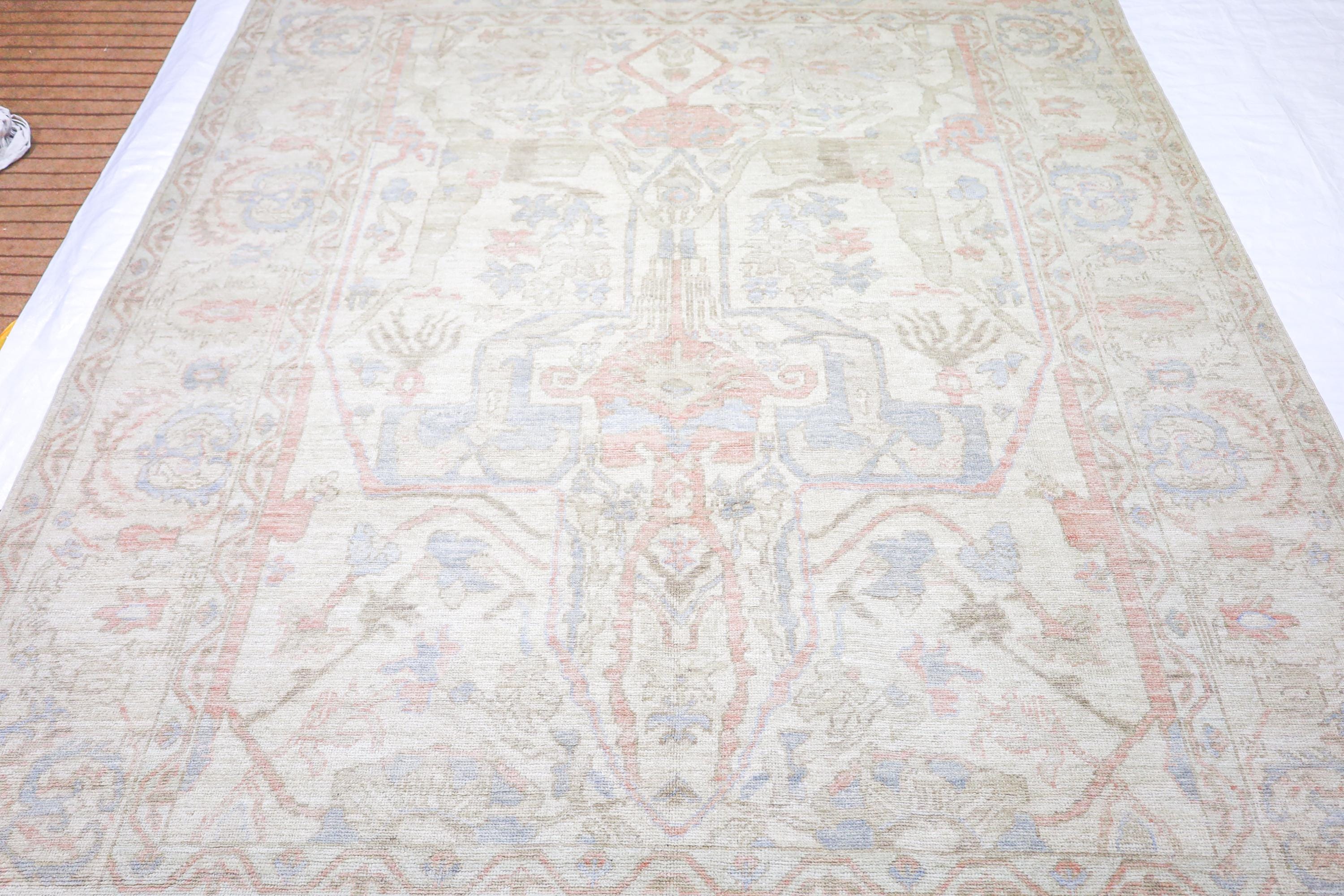 9x12 Ft Oushak Area Rug, Muted Beige Turkish Hand Knotted Floral Soft ...