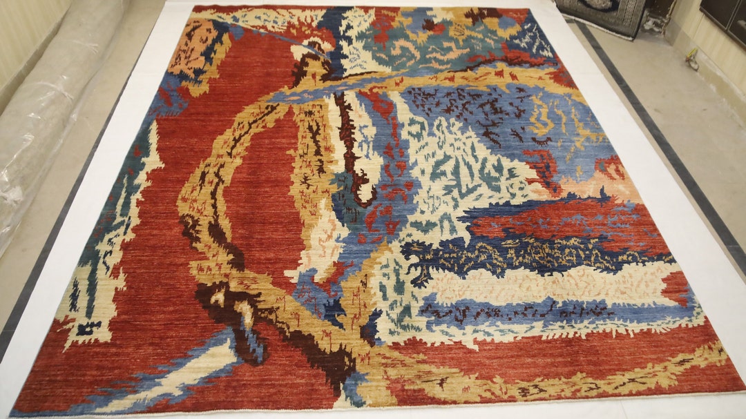 9x12 Ft Abstract Area Rug - Multicolor Afghan Hand Knotted Modern Silk ...