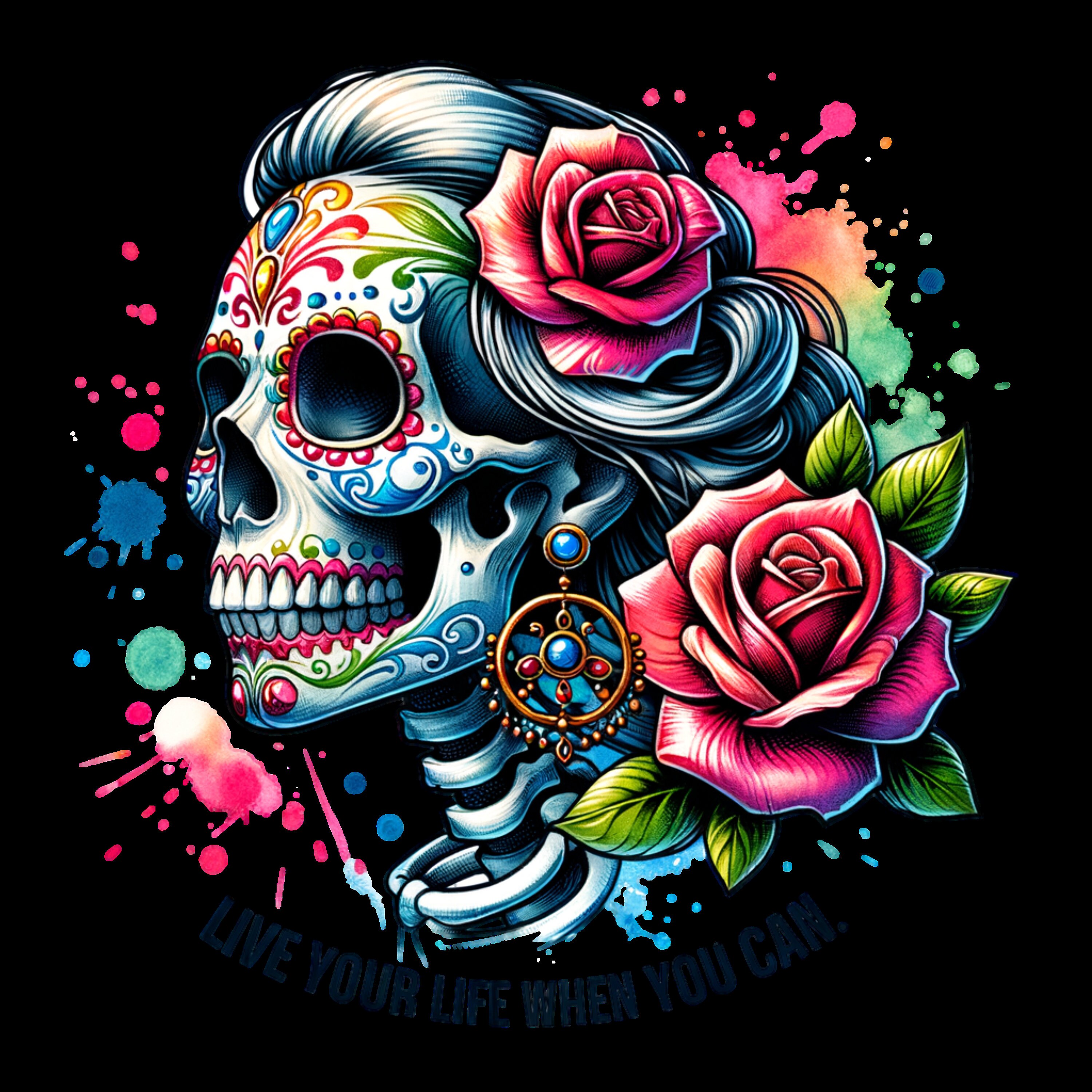Colorful Sugar Skull Art - Dia De Los Muertos Skeleton With Flowers ...