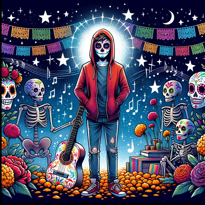 Vibrant Skeletons Halloween Art Coco Movie, Miguel, Dia De Los Muertos ...