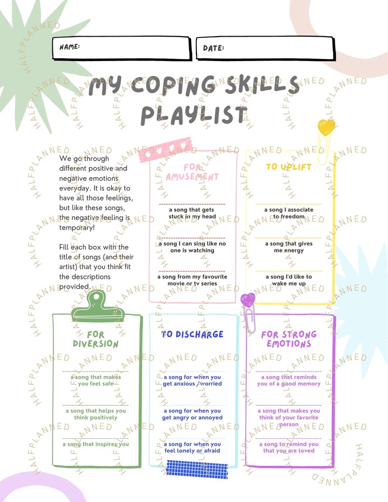 Coping Skills Playlist Worksheet | Emotional Regulation and Self ...