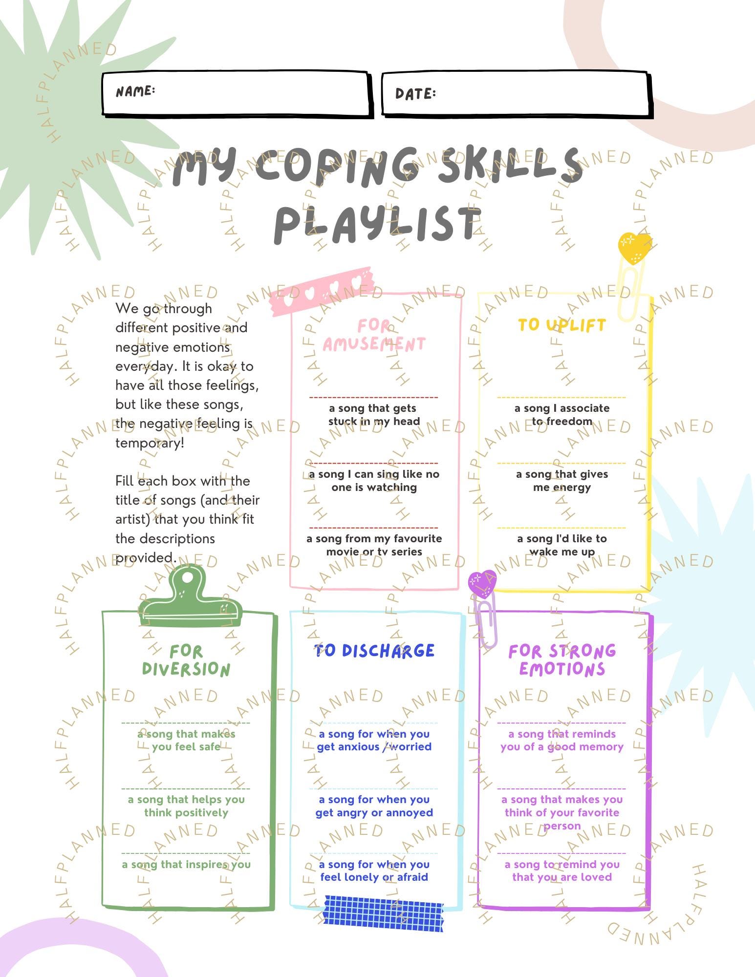 Coping Skills Playlist Worksheet | Self-reflection (printable PDF) - Etsy