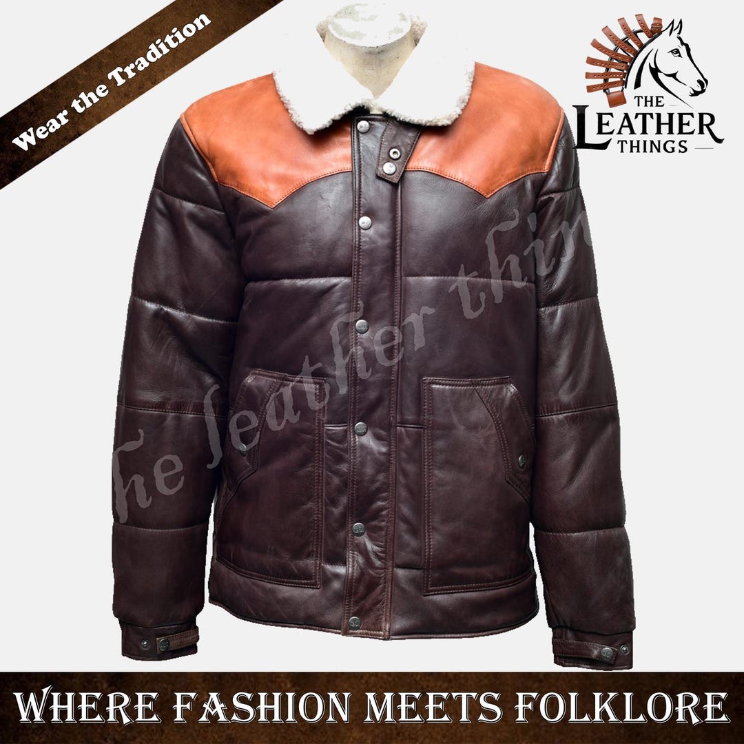 Western-inspired Puffer Jacket Men's 100% Real Dark & Light Brown ...